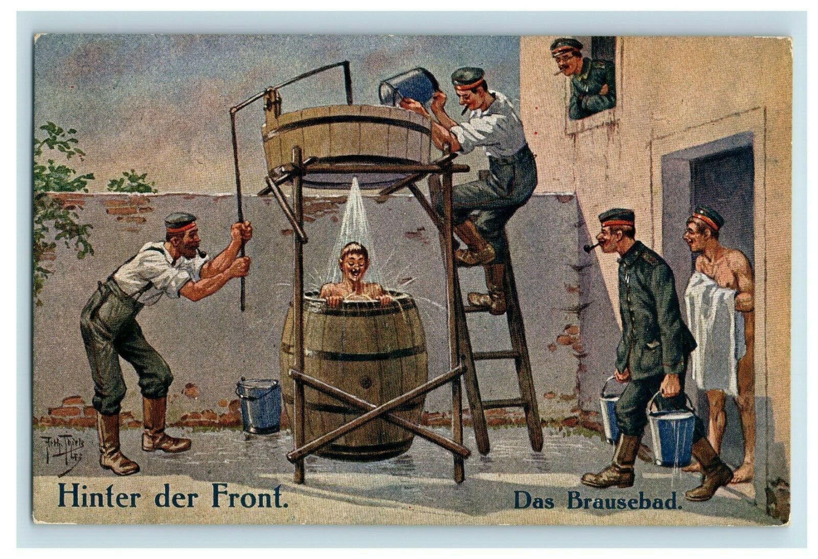 1914-18 WWI German Comical Barrel Shower on The Front Soldiers ...