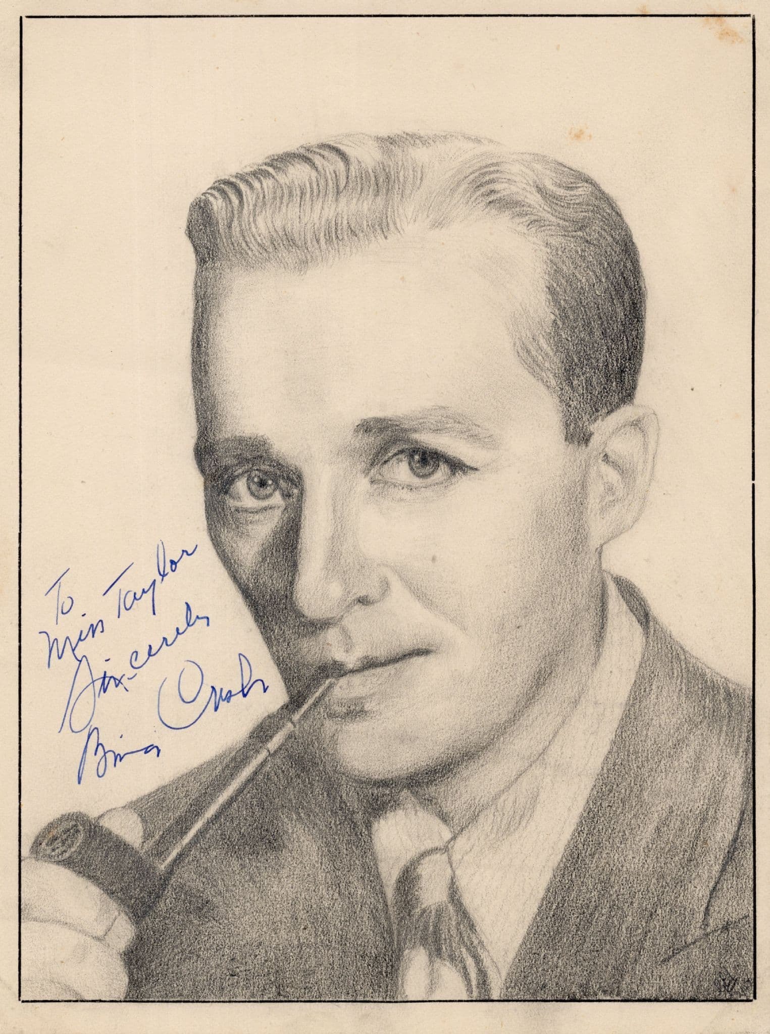 Bing Crosby Film Actor Large Hand Signed Old Painting Drawing & Letter ...
