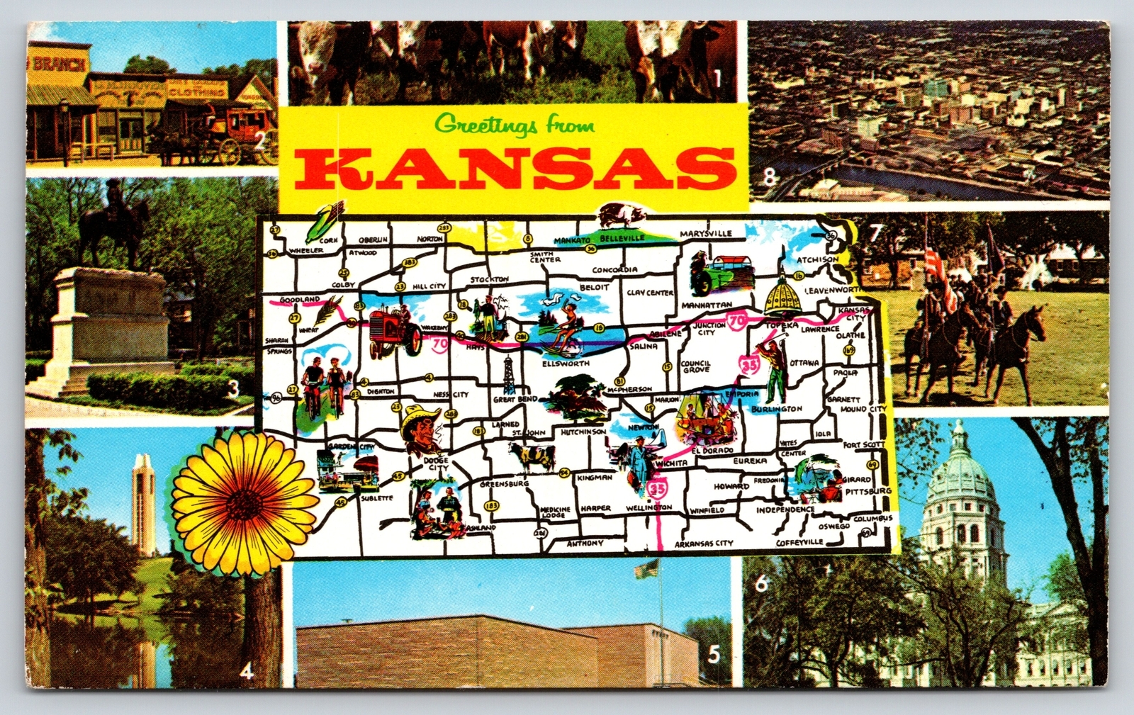 Maps~Pictorial Map of Kansas 8 Views Key On Bacl~Vintage Postcard ...