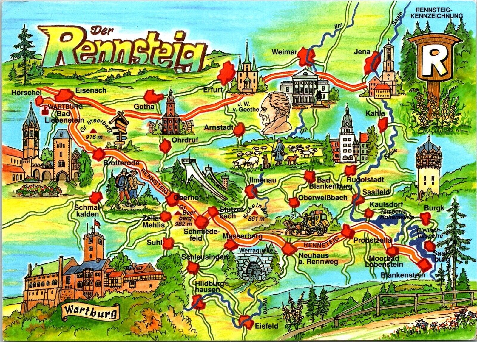 Der Rennsteig Map Jena Wartburg Eisfeld Burgk Weimar Chrome Postcard ...