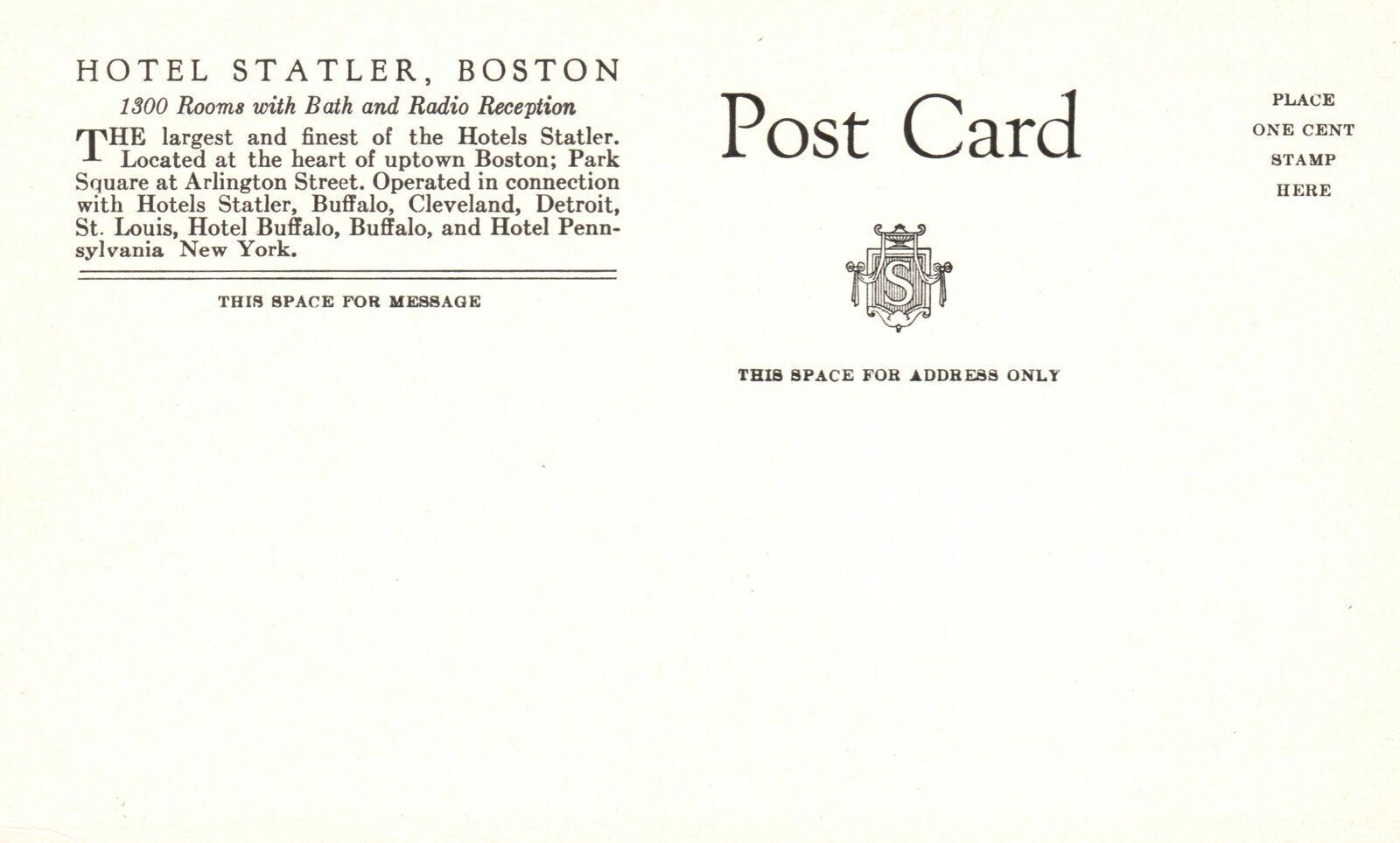 Vintage Postcard 1920's Park Square Arlington Hotel Statler Boston ...
