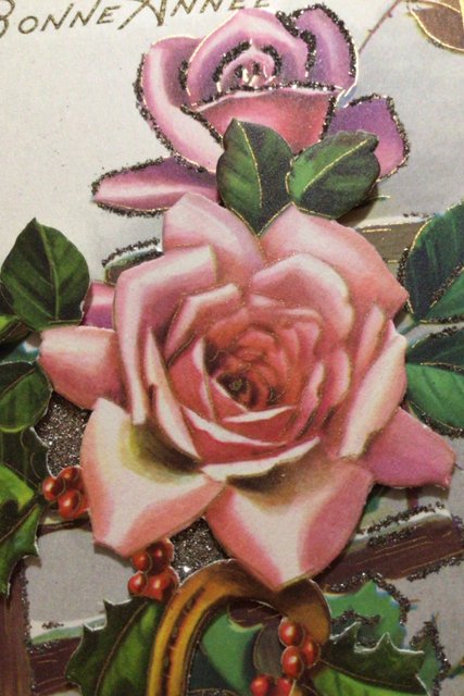 Bonne Anne. Pink Roses-on Fence with Horseshoe and Holly. Movement ...