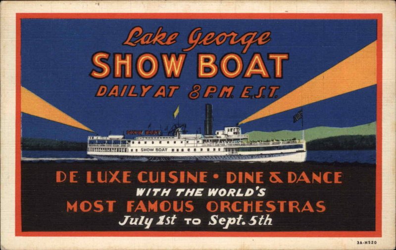 Lake George NY SHOW BOAT Art Deco Linen Advertising c1940s Postcard ...