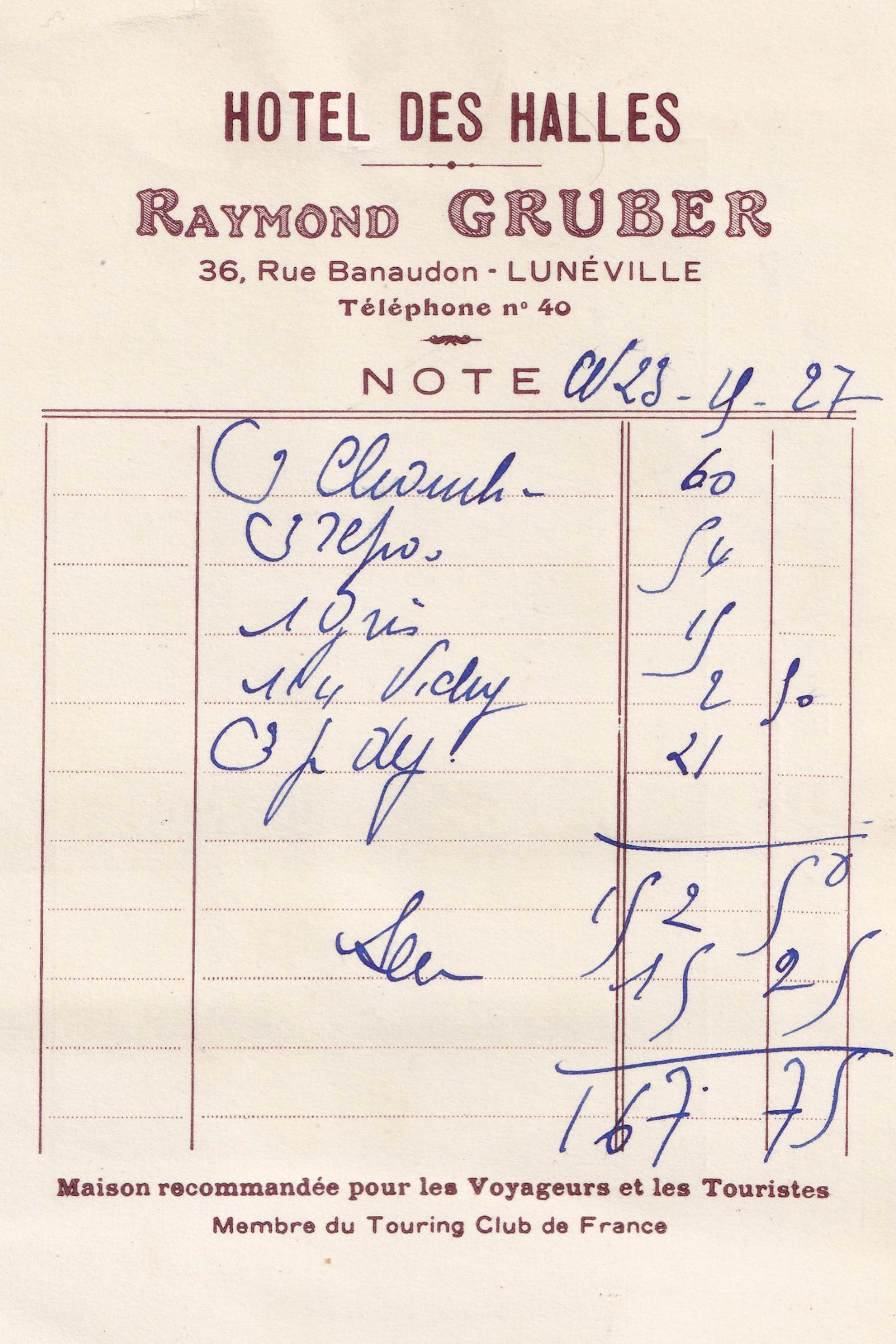 Hotel Des Halles Raymond Gruber Luneville 1939 WW2 Receipt Postcard ...