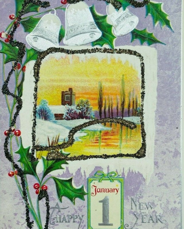Happy New Year January 1st Silver Bells Embossed Mika Glitter Snow ...