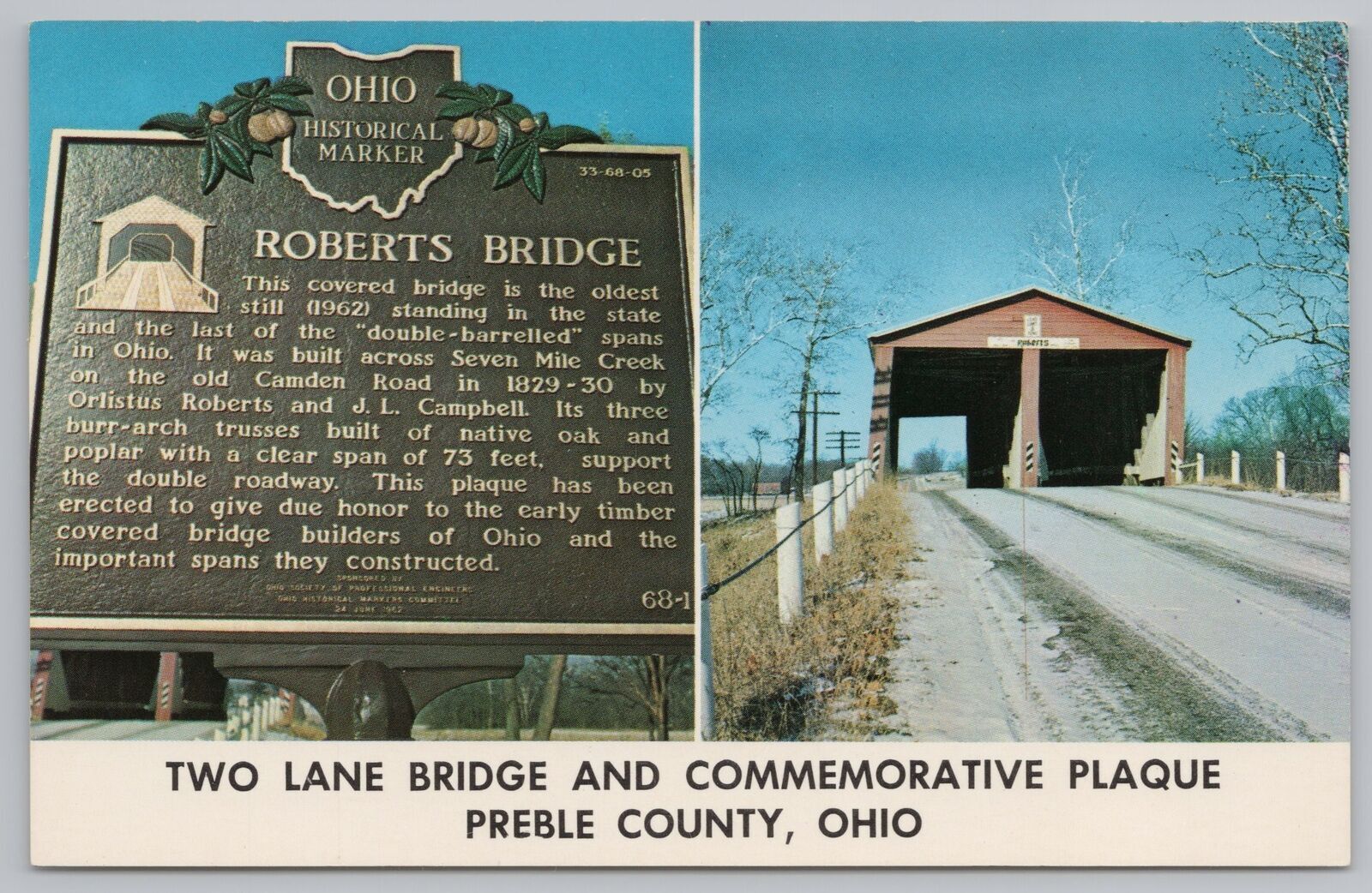 Bridge~Two Lane Roberts Covered Bridge & Commemorative Plaque~Vintage ...