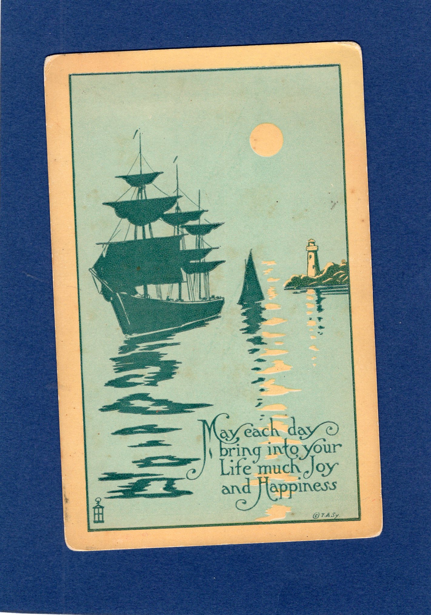 Lighthouse & Sailing Ship, Boat On Ocean, In Moonlight, Antique ...