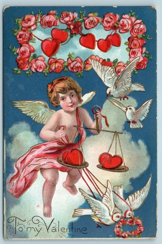 Postcard Valentines To My Valentine Cupid Hearts Scale Doves Roses ...