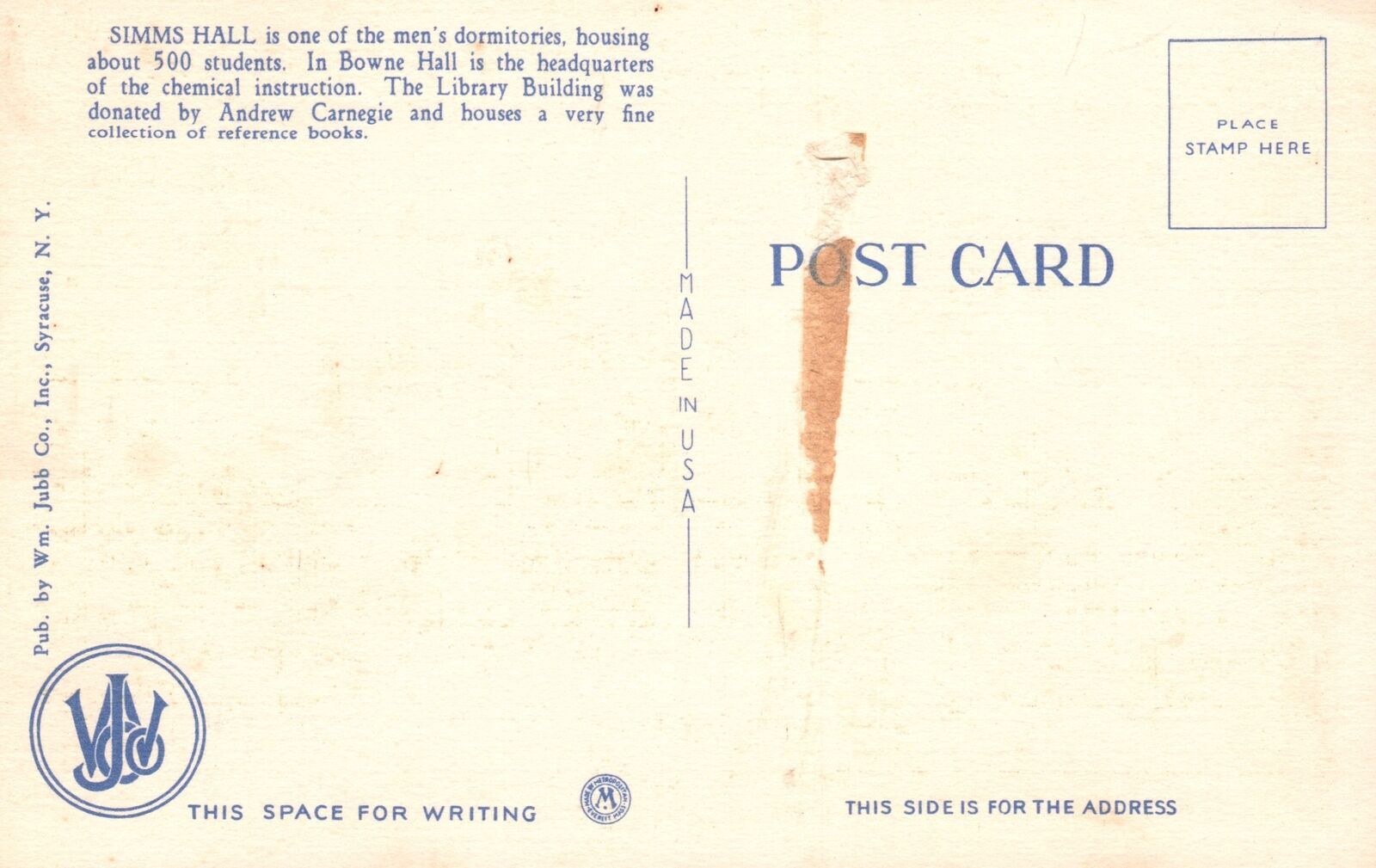 Vintage Postcard Sims Hall Bowne Hall & Library Syracuse University New ...