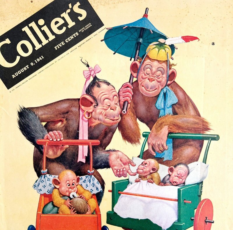 Collier's Monkeys Baby Stroller 1941 Lithograph Magazine Cover Antique ...