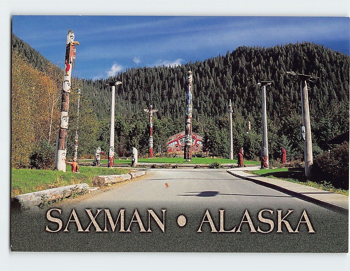 Postcard Haida totems and American Indian Tribal House, Saxman, Alaska ...