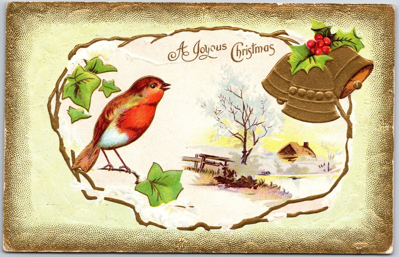 A Joyous Christmas Bird Landscape Bells Greetings And Wishes Card ...