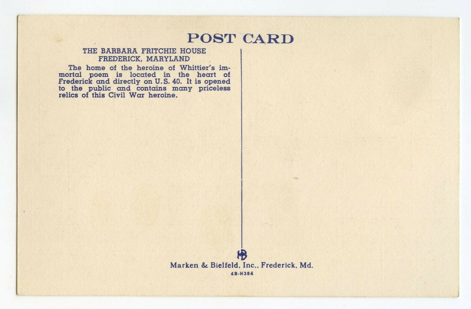 Postcard Barbara Fritchie House Frederick MD Maryland Standard View ...