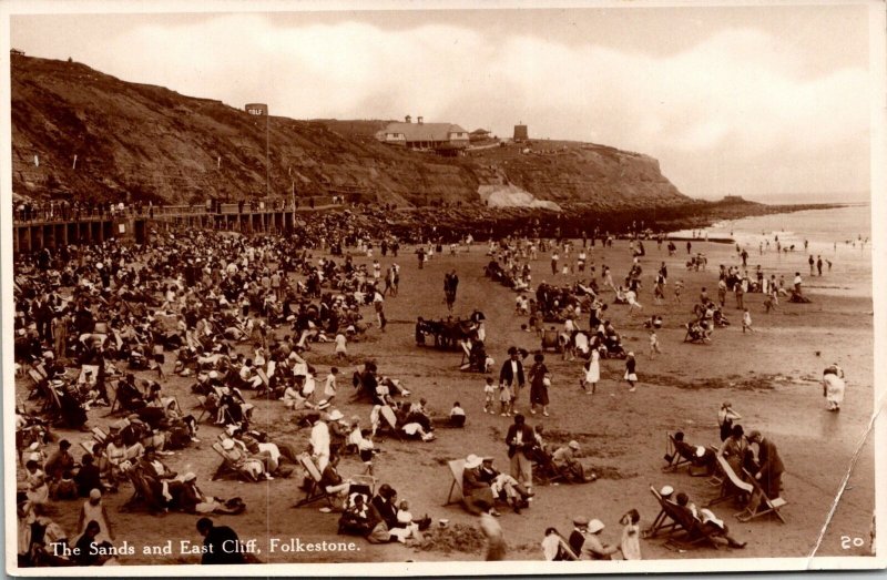 Vintage Postcard Crowded Beach Scene at East Cliff Folkestone England ...