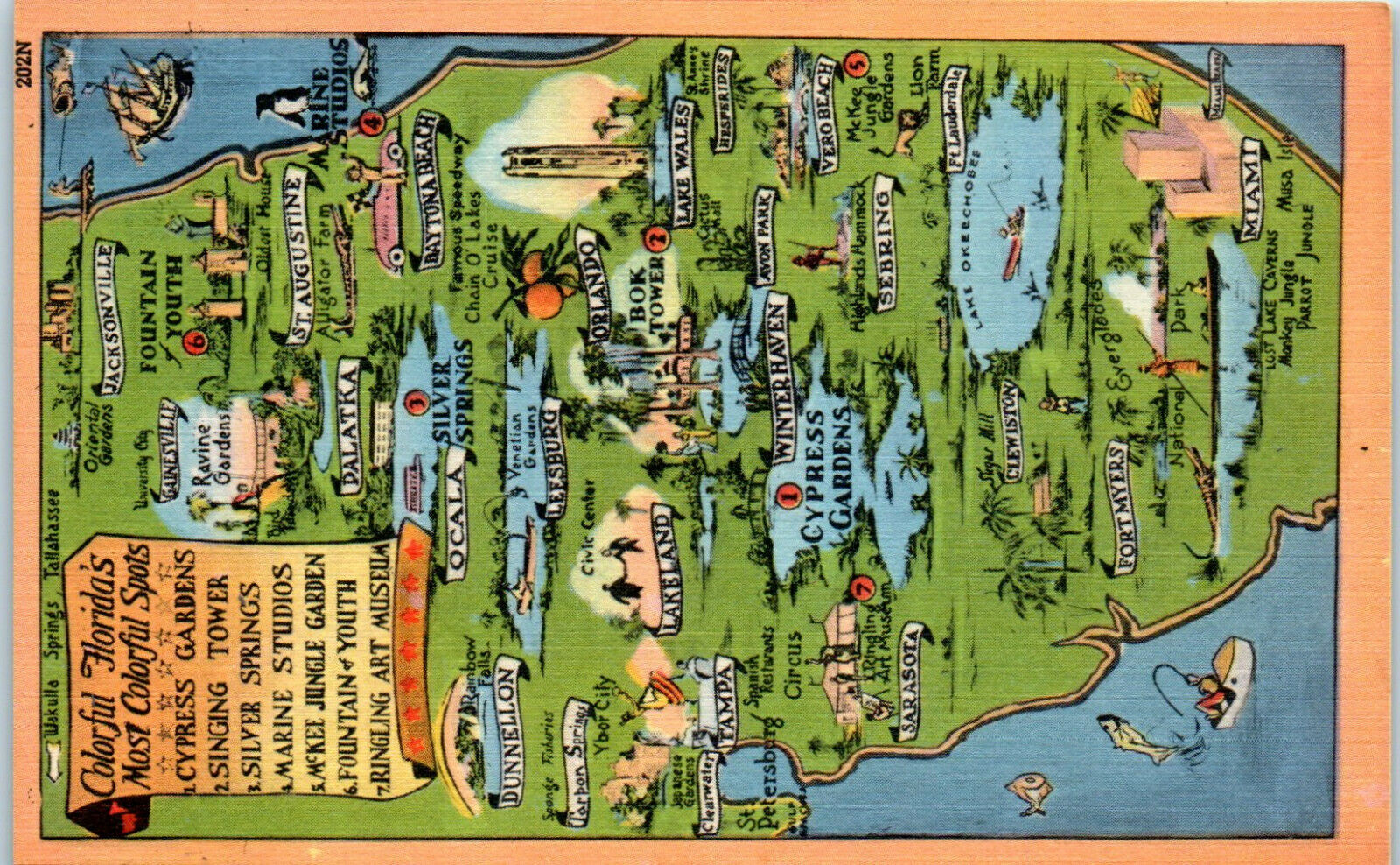 1940s Florida Tourist Map Colorful Attractions Miami FL Postcard ...