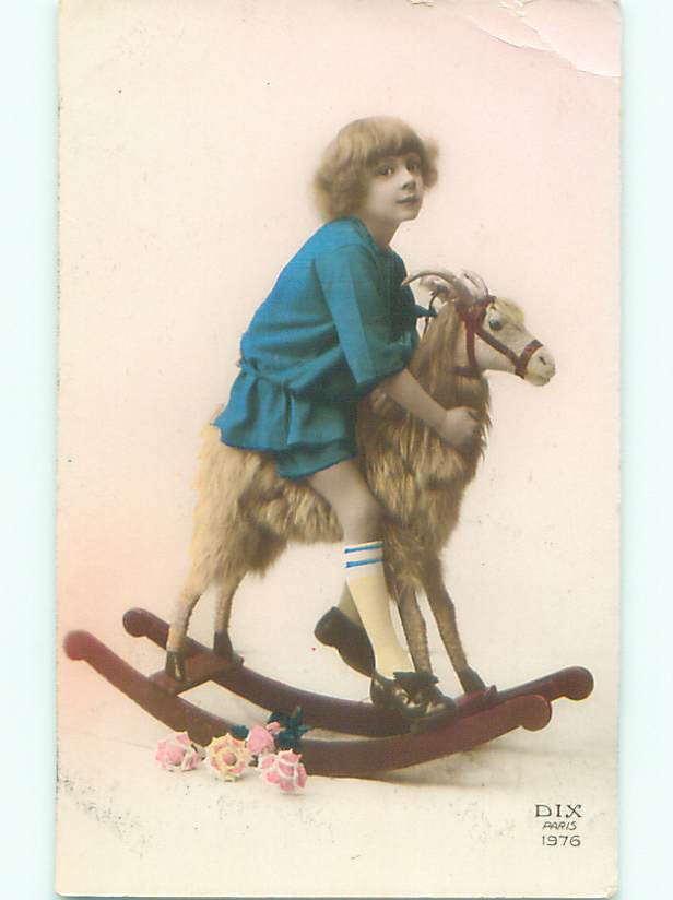 tinted rppc c1910 GIRL ON ANTIQUE ROCKING HORSE GOAT AC9188 | Topics ...