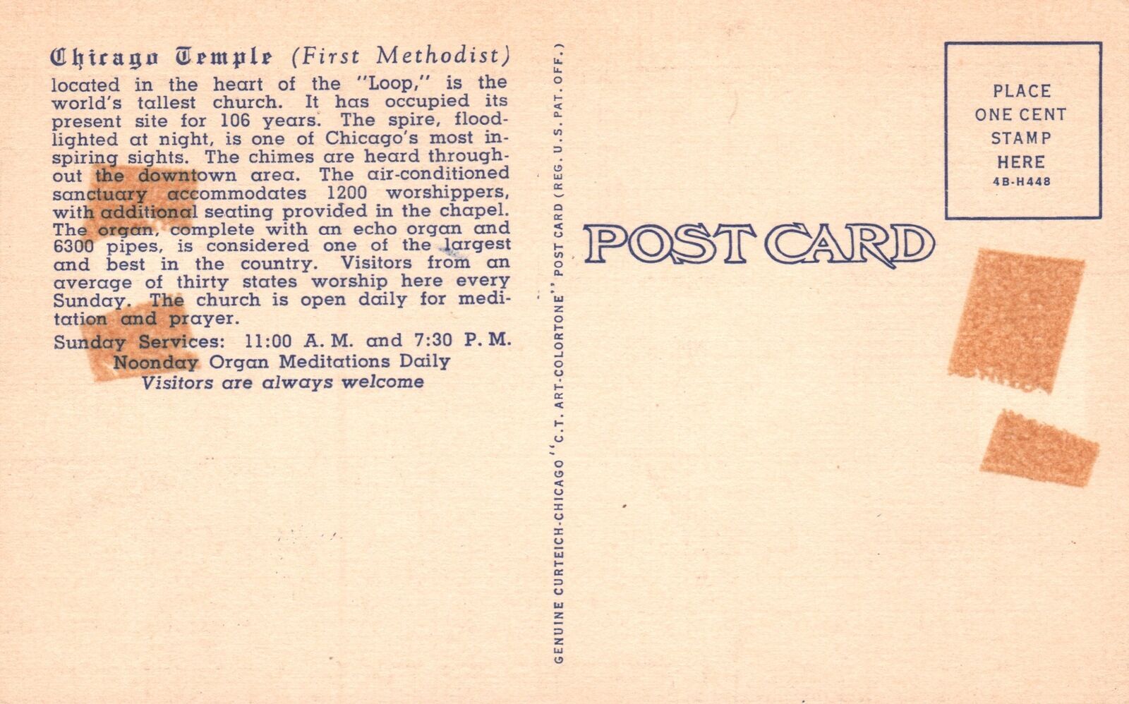 Vintage Postcard Sanctuary Chicago Temple First Methodist Church Parish ...