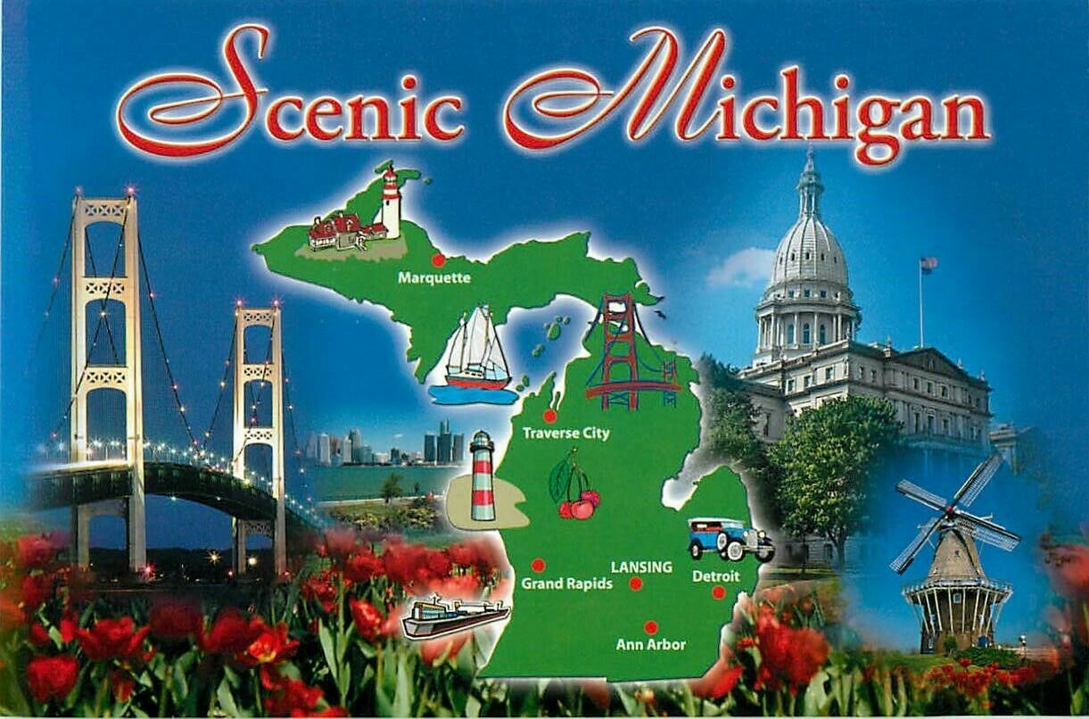 Postcard of Michigan State Map with Attractions #3 | United States ...