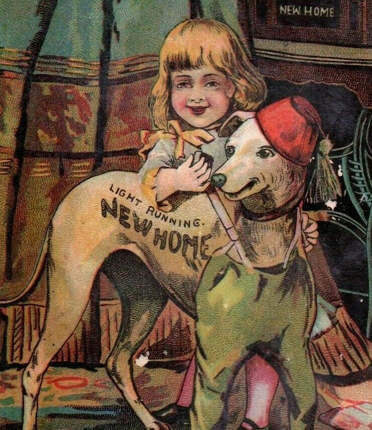 1870s New Home Sewing Machine Adorable Whippet Dog & Cute Girl P207 ...