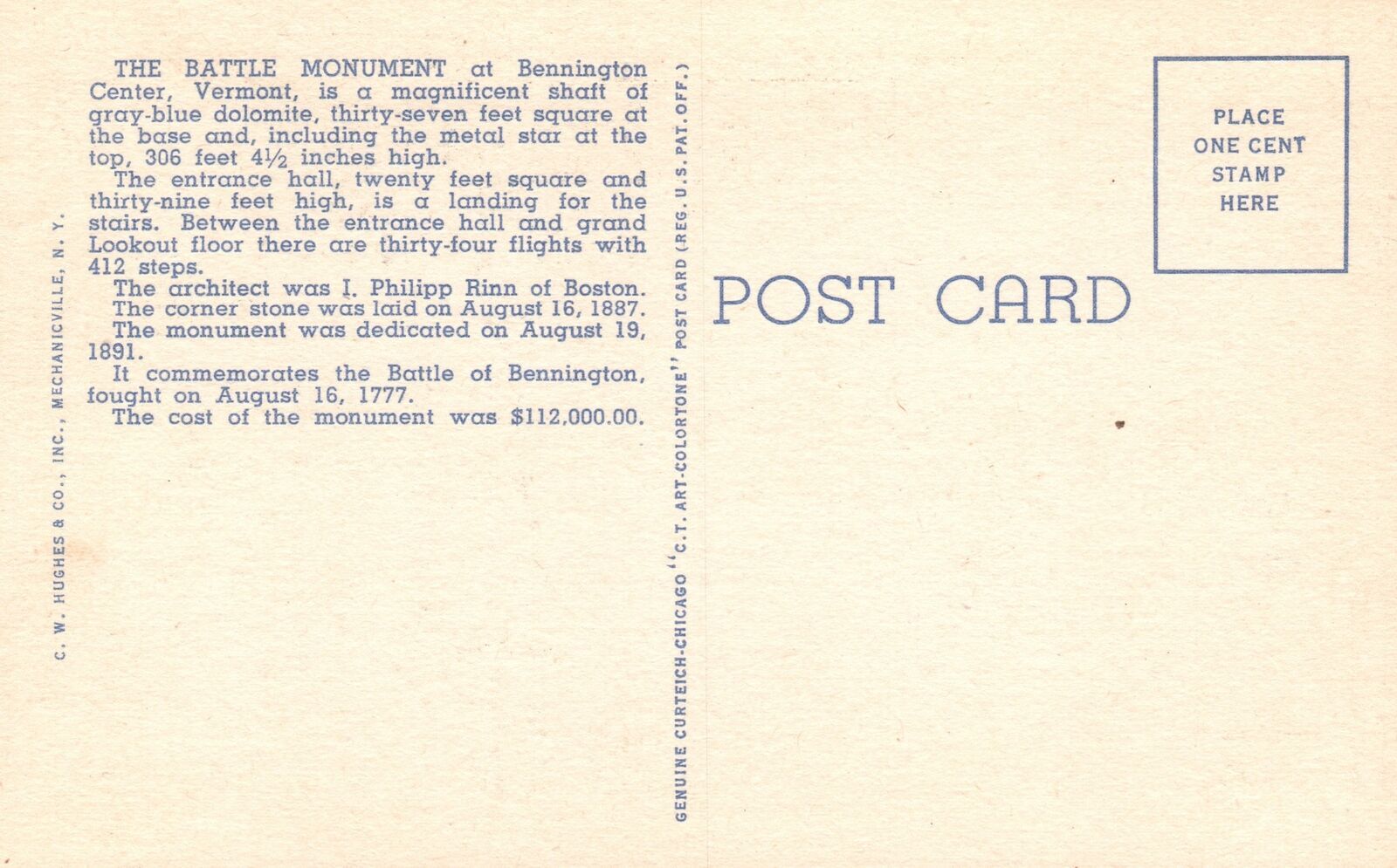 Vintage Postcard 1930s Battle & Col. Seth Warner Monument Bennington ...