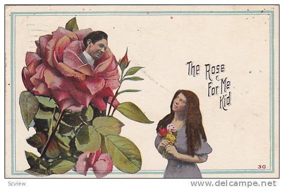 The Roses Foe Me Kid, Man poking out of a flower smiling at lady, PU ...