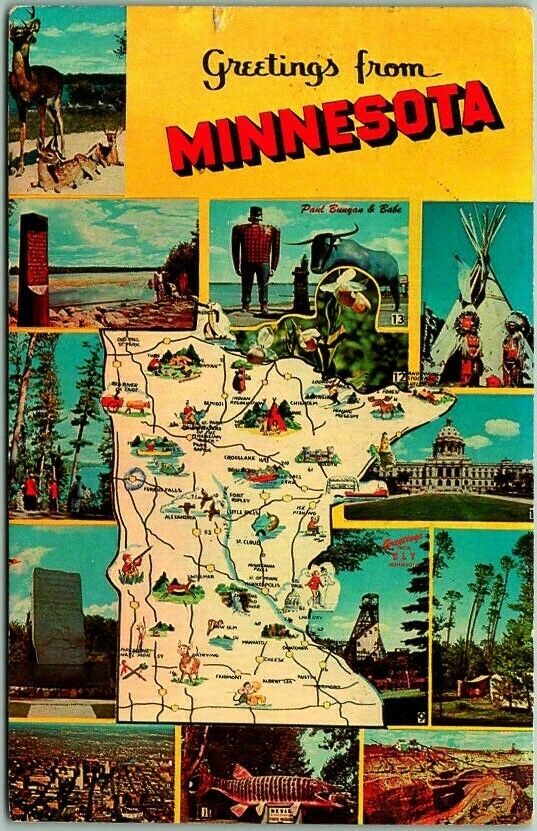 MINNESOTA State Map / Multi-View Postcard / 13 Views Dexter Chrome 1965 ...