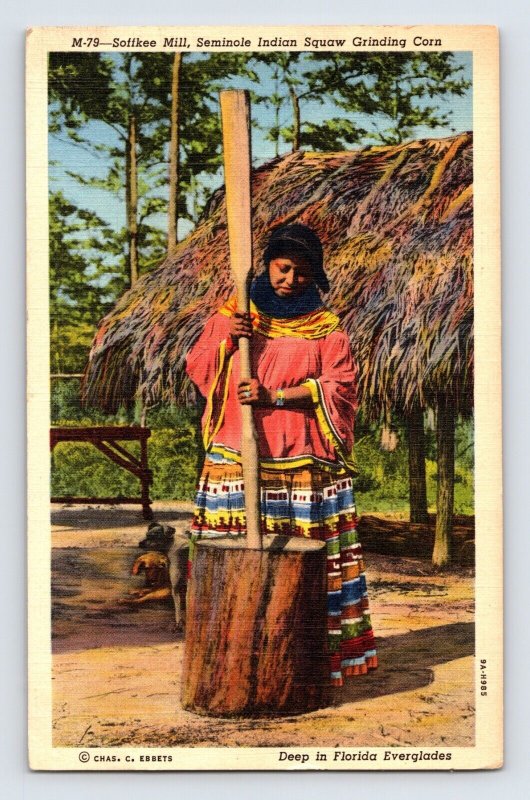 Postcard Florida Everglades FL Seminole Native American Grinding Corn ...