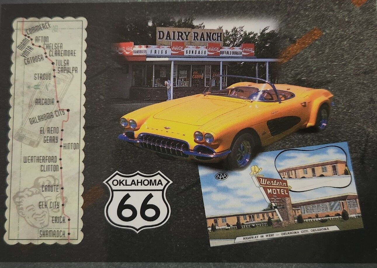 Route 66 Fun Times Map Dairy Ranch Corvette Western Hotel Postcard ...