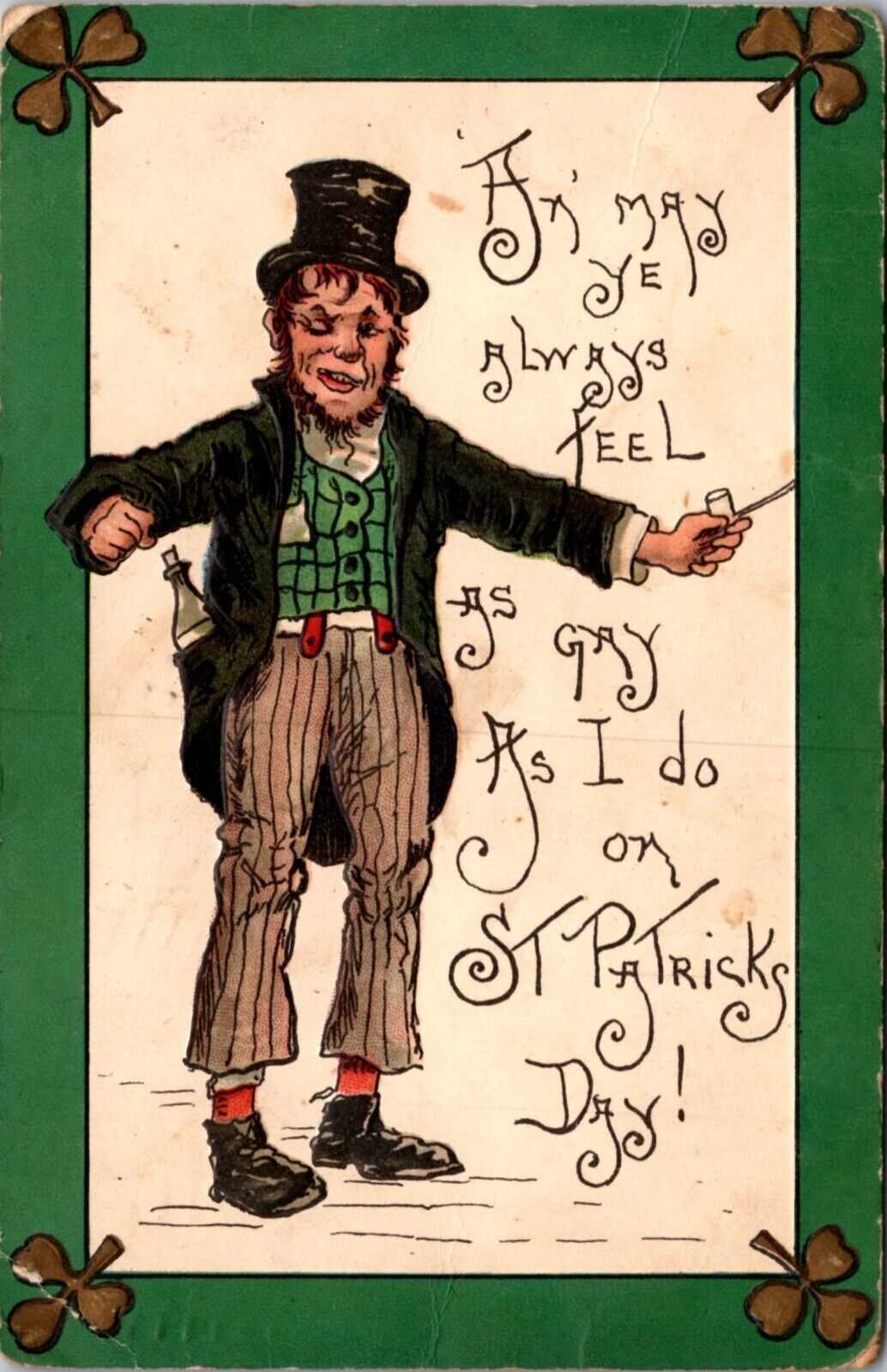 St. Patrick's Day Postcard Drunk Irish Man with a Bottle in Pocket ...