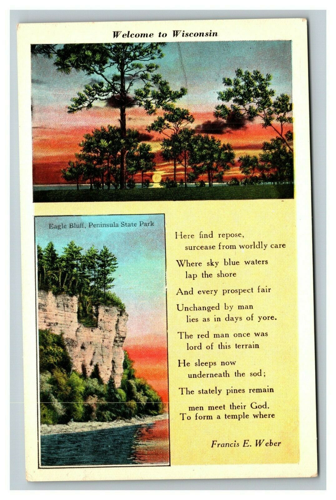 Vintage 1940's Postcard Welcome to Wisconsin - Francis E. Weber Poem ...