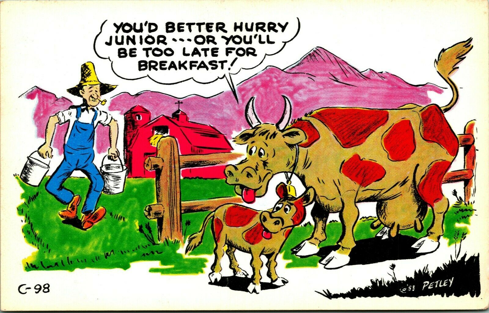Cow Farmer Late Breakffast Comic Petley Laff Card C-98 1953 Chrome ...