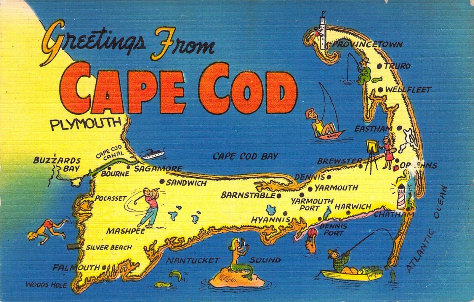 Beautiful Linen Large Letter, Cape Cod, Map, Mass, Ma, ,Old Postcard ...