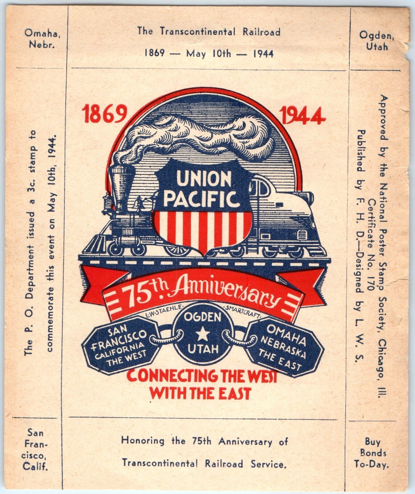 1944 Union Pacific 75th Anniversary Souvenir Nat Poster Stamp Society ...