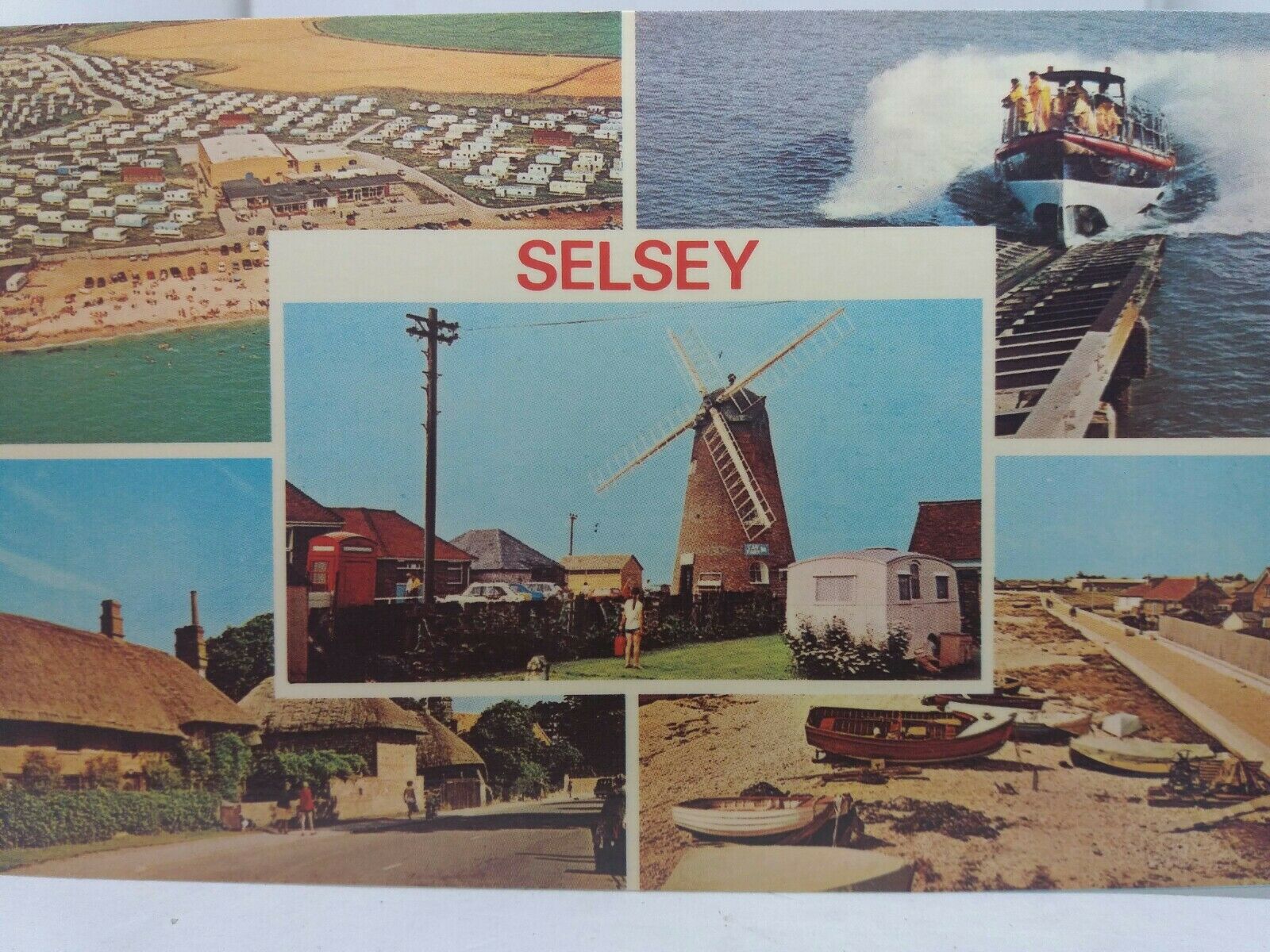 Multiview Postcard Selsey Lifeboat Launch Windmill West Sands Caravan ...