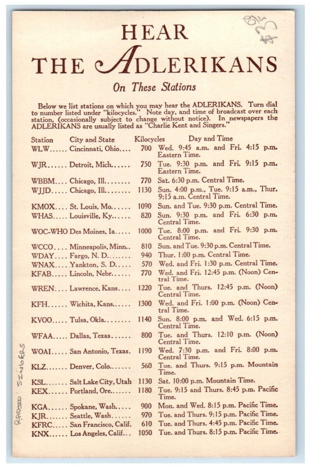 The Adlerikans Radio Singers Stations Charlie Kent Unposted Antique ...