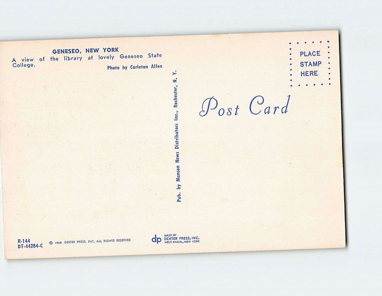 Postcard A view of the library at lovely Geneseo State College, Geneseo ...