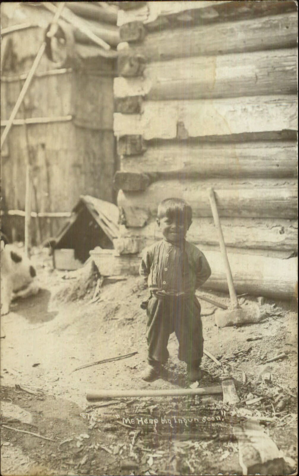 Little Native Indian Boy ME HEAP BIG INJUN SOON Log Cabin Real Photo ...