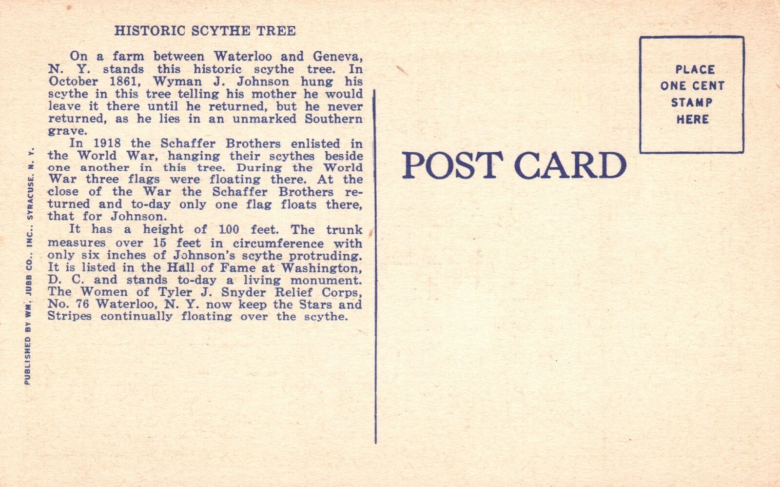 Vintage Postcard Historic Scythe Tree on Farm Waterloo and Geneva New ...