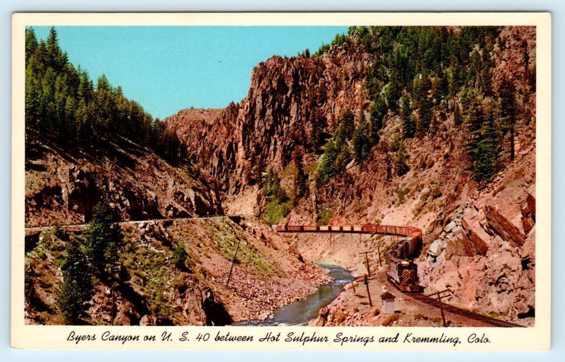 BYERS CANYON, CO Colorado ~ RAILROAD FREIGHT TRAIN & Hwy 40 ~ c1960s ...