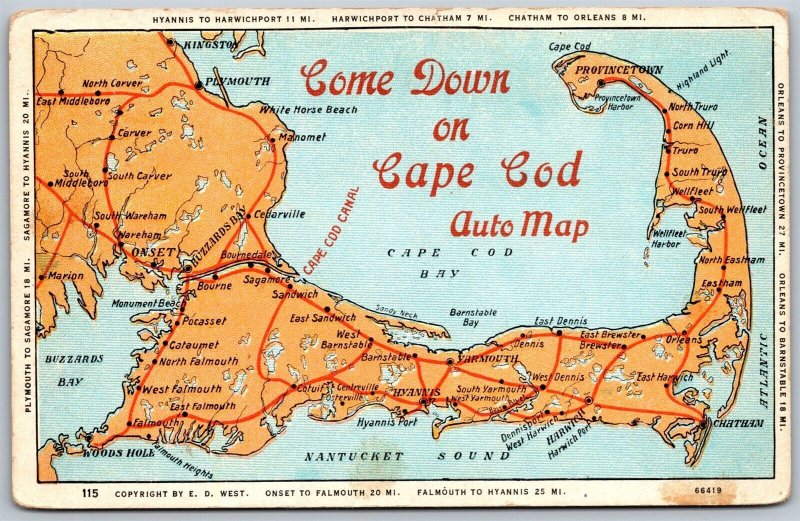 Vtg Come Down on Cape Cod Massachusetts MA Auto Map 1920s Postcard ...