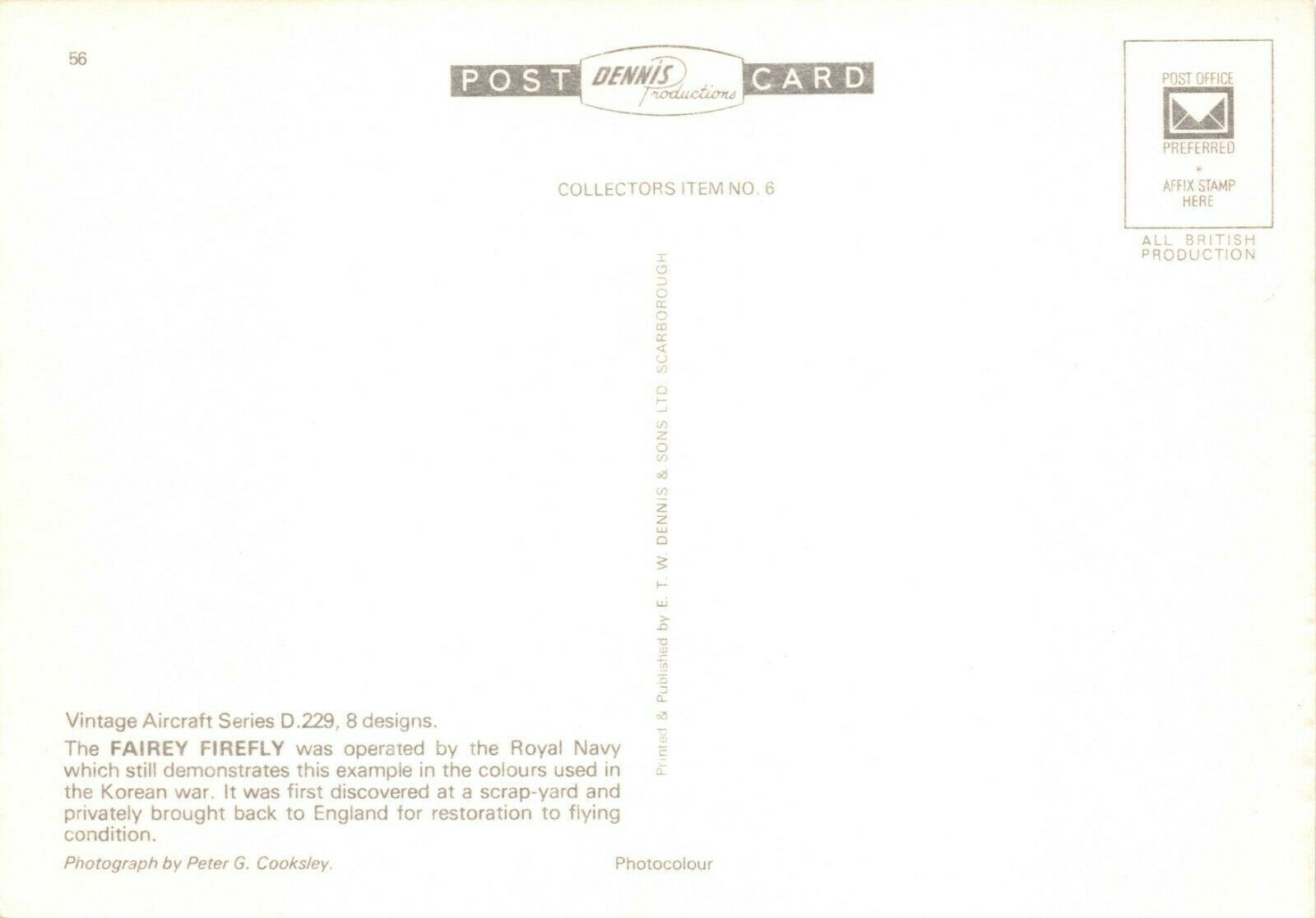 Vintage Aircraft Series Postcard, Royal Navy The Fairey Firefly AO2 ...