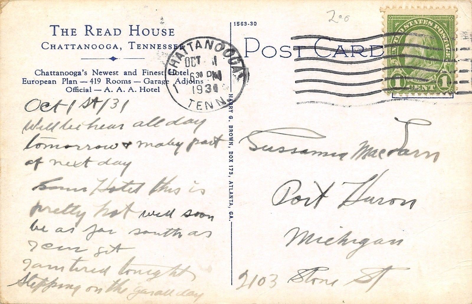 Chattanooga TN~The Read House Hotel~Inside Out~Highway Route Map~1931 ...