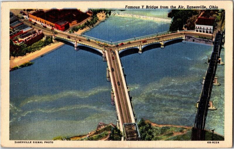 Famous Y Bridge from the Air, Zanesville Ohio c1949 Vintage Postcard ...