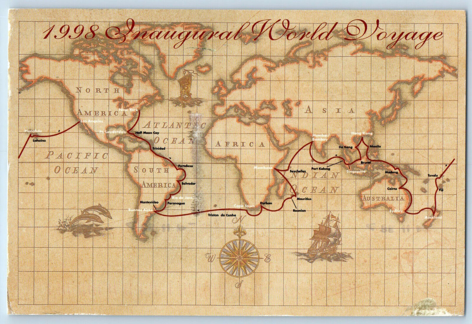 Netherlands Postcard Inaugural World Voyage Map View MS Rotterdam 1998 ...