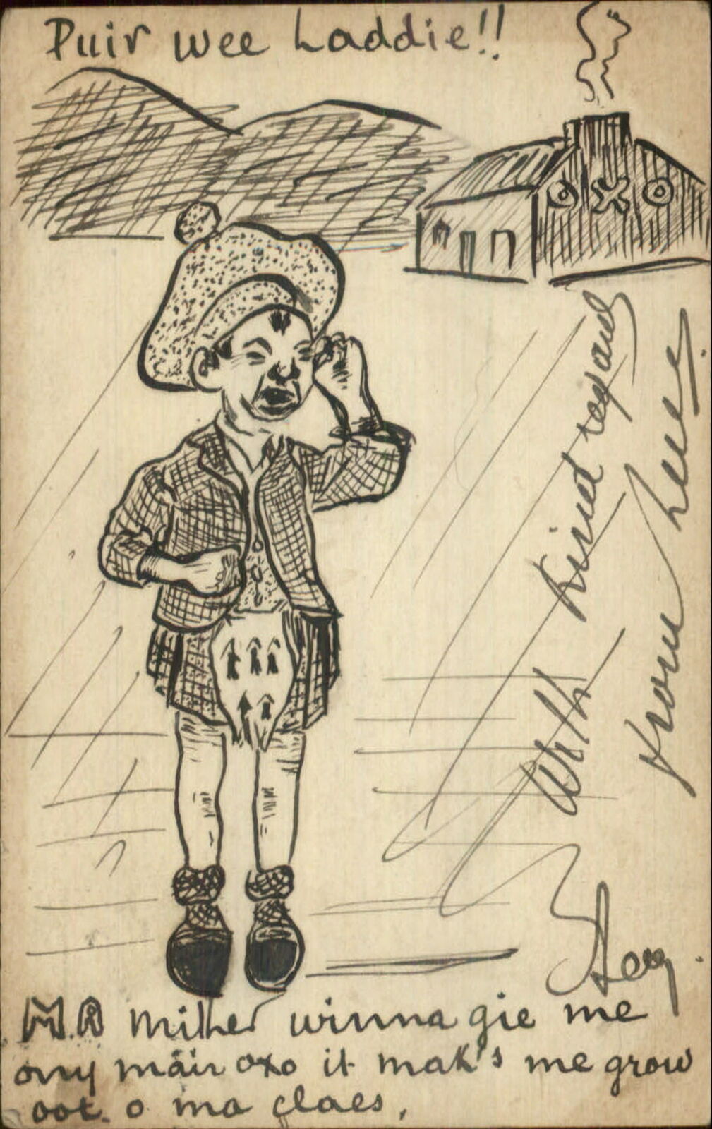 Handmade Hand Drawn Crying Scottish Boy in Kilt 1906 Used Postcard ...