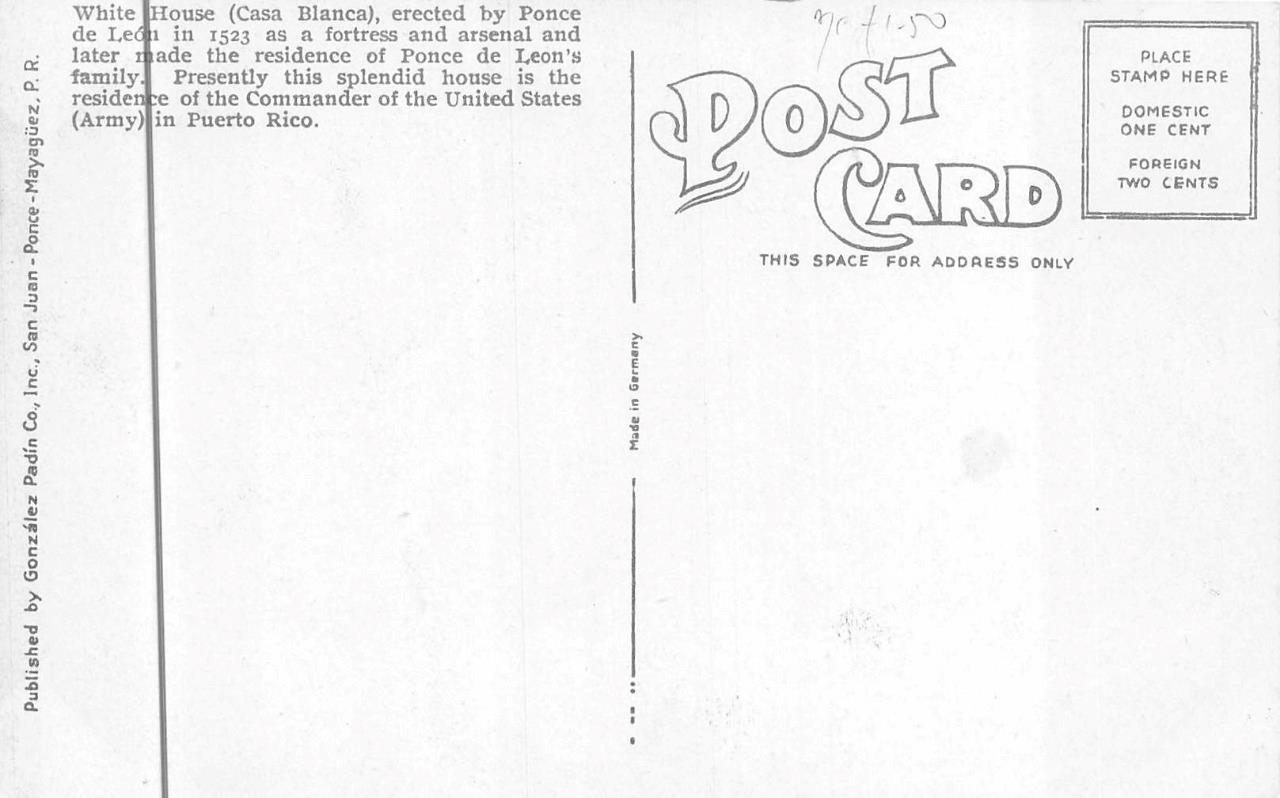 Casa Blanca SAN Juan Puerto Rico Postcard (C. 1910) ## | Latin & South ...