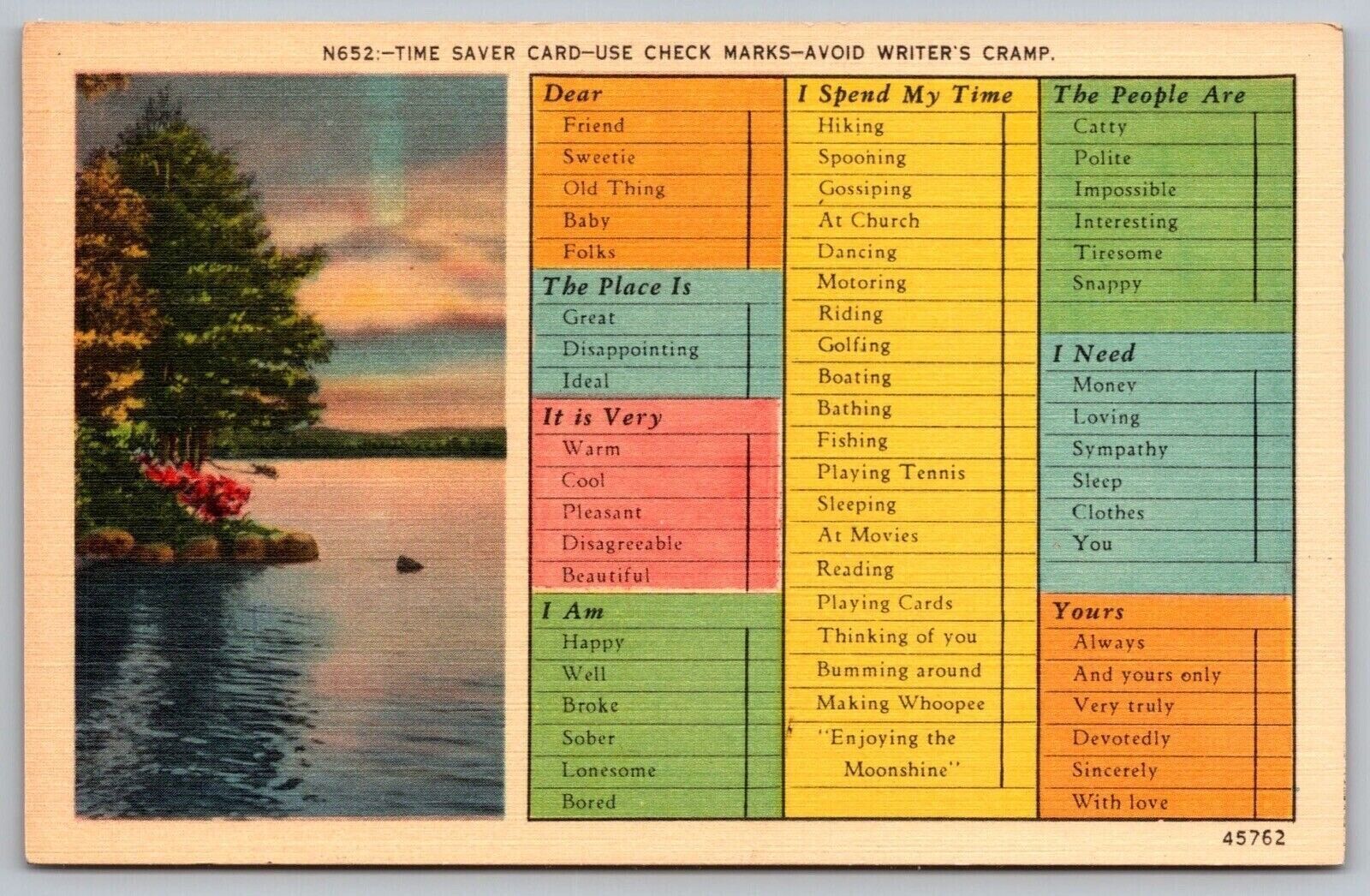 Postcard Time Saver Card Us Check Marks Dual View Sunset Lake Scene UNP ...