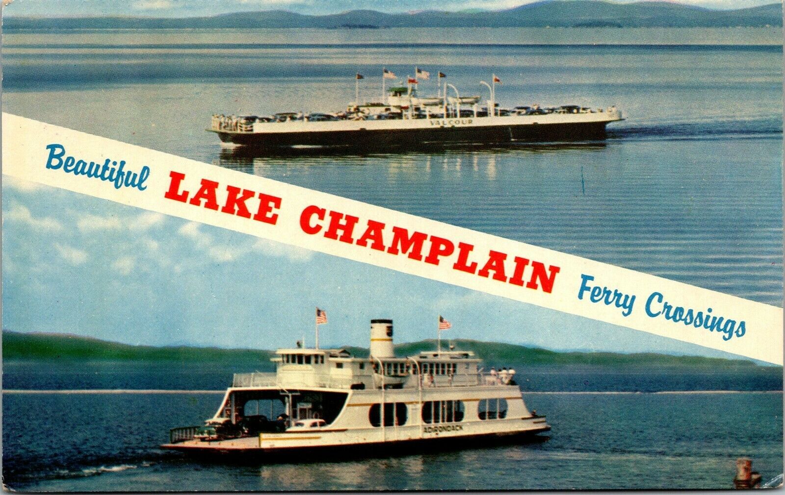Vtg Scenic Lake Champlain Ferry Boat Crossing Dual View Banner Greeting ...