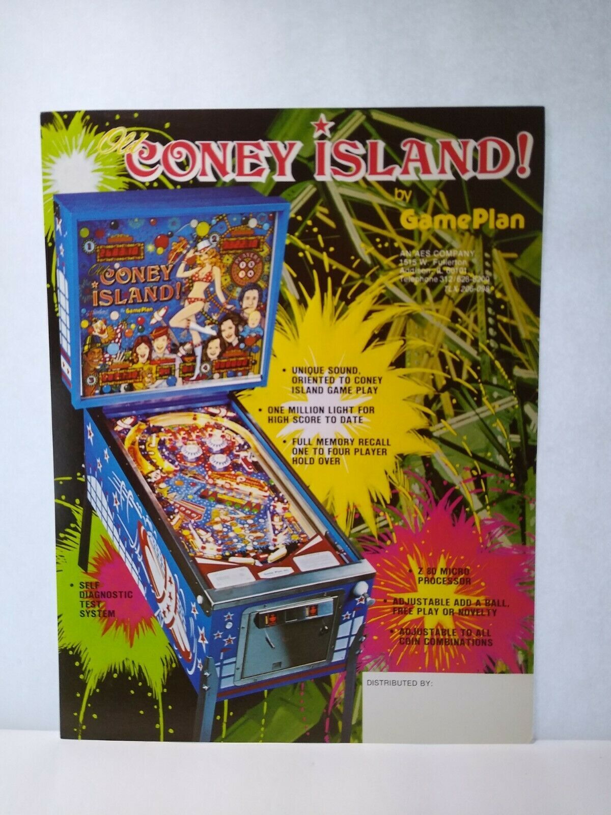 Coney Island Pinball Flyer Original 1980 Game Plan Artwork Promo 8.5" x ...
