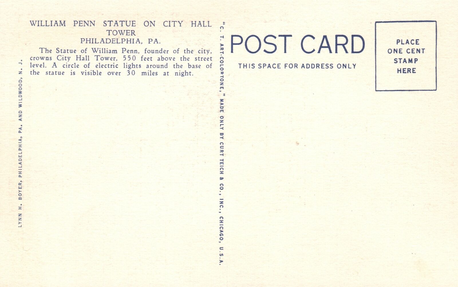 Philadelphia Pennsylvania William Penn Statue City Hall Tower Vintage ...